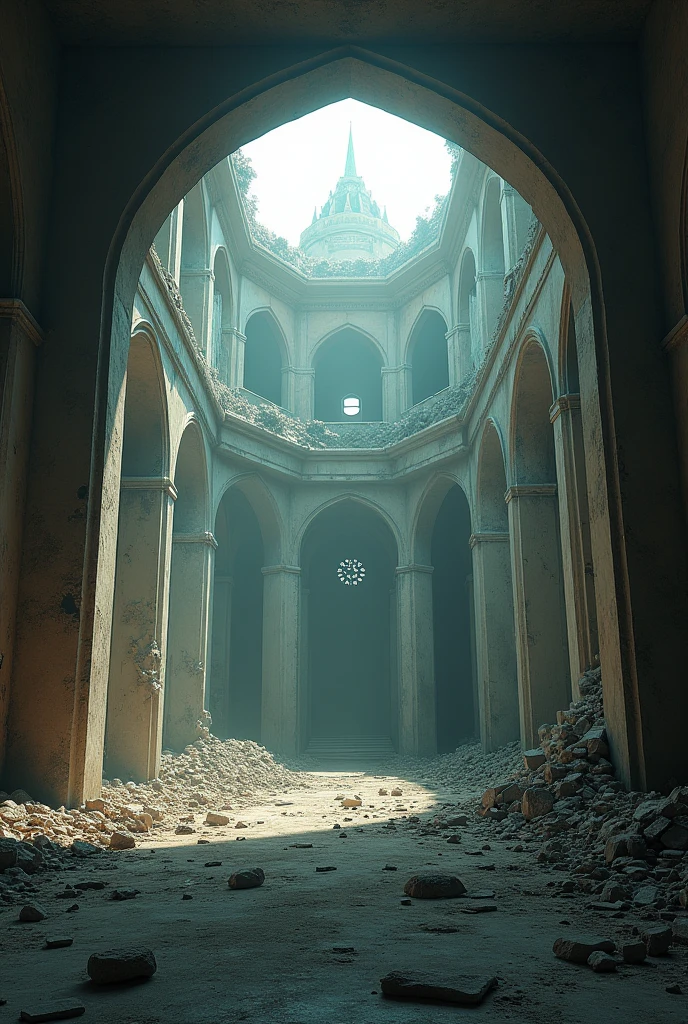 Perspective image from inside an Olympic-shaped castle with wrecked ...