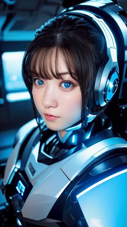 Wide-angle shot, 1 female, Mecha, Glowing blue-black eyes, Very cute ...