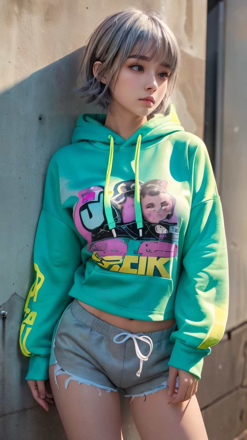 A close up of a person wearing a green hoodie and shorts - SeaArt AI