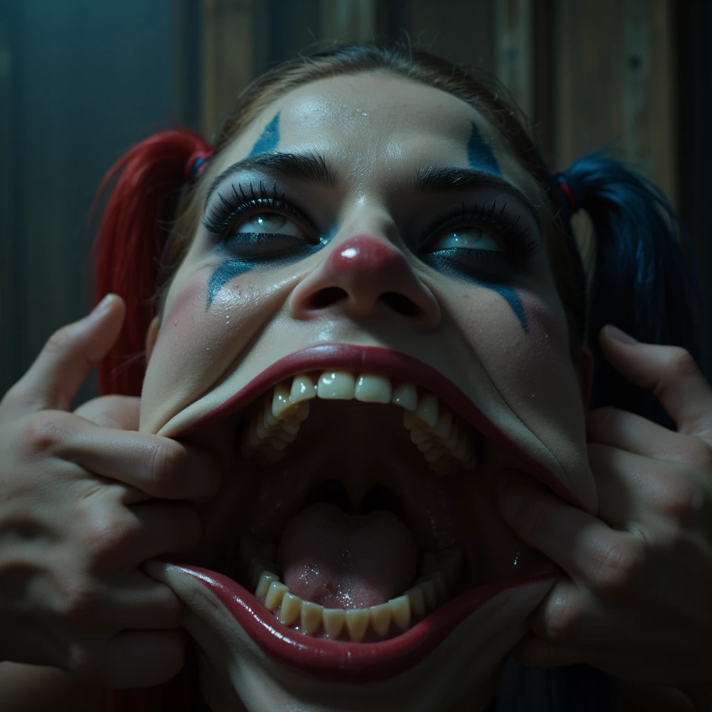 Harley Quinn opens her mouth wide and huge, Throat view , teeth visible ...