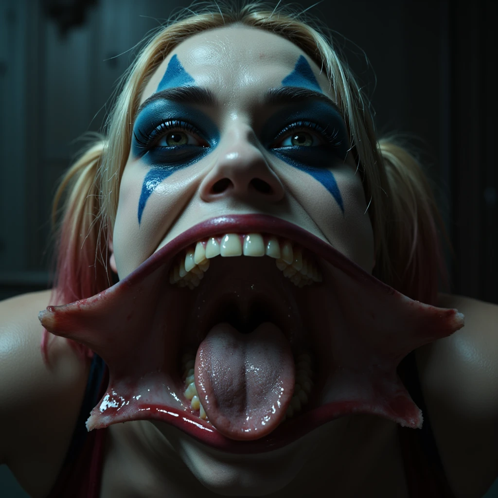 Harley Quinn opens her mouth wide and huge, Throat view , teeth visible ...
