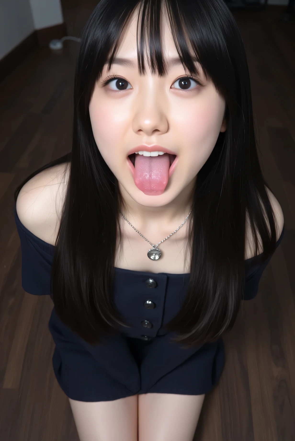 Arafed asian woman with a black shirt and a necklace sticking out her tongue - SeaArt AI