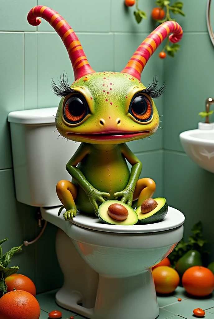 A puxaina sitting in the bathroom bowl eating avocados with big lips ...