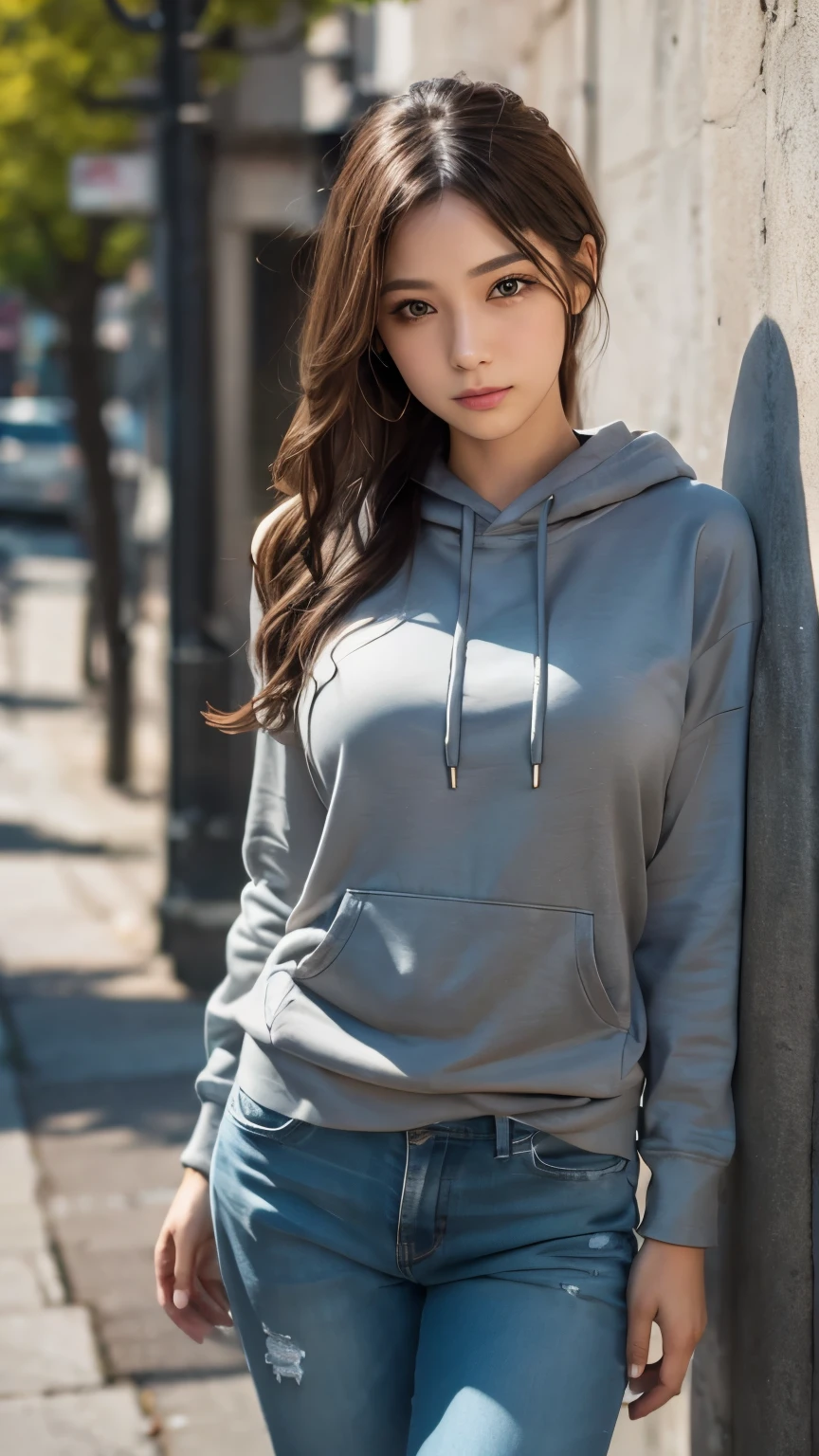 Arafed woman leaning against a wall in a gray hoodie - SeaArt AI