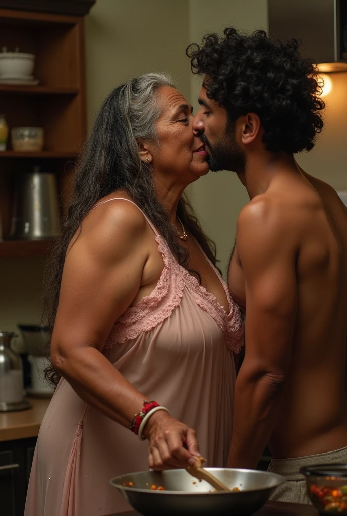 Intimate kissing scene of a Hot Voluptuous mature milf as old chubby aunty volup - SeaArt AI