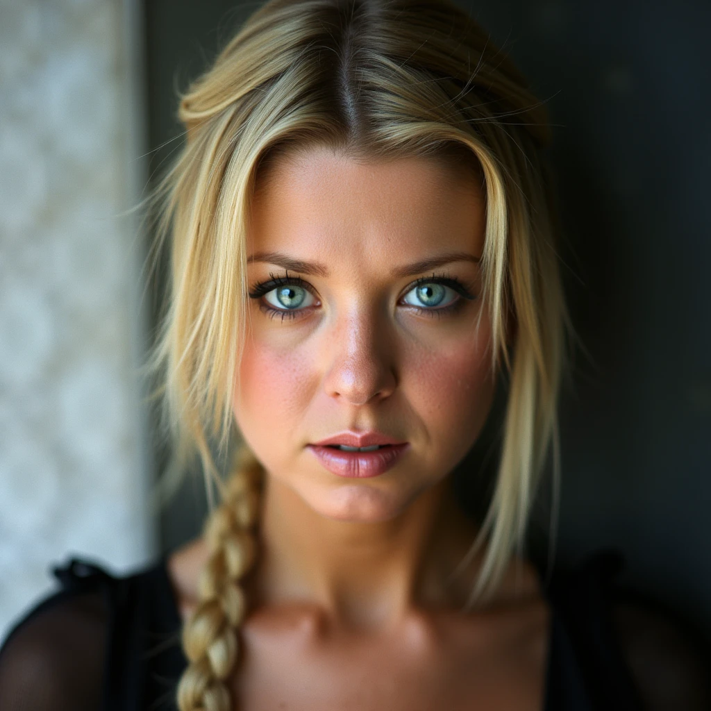 A striking woman with ice blue eyes,Fishtail braid,Blond,selfie - SeaArt AI