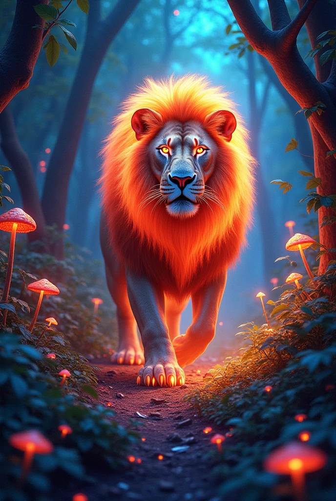 A majestic lion with a neon orange mane that radiates light - SeaArt AI