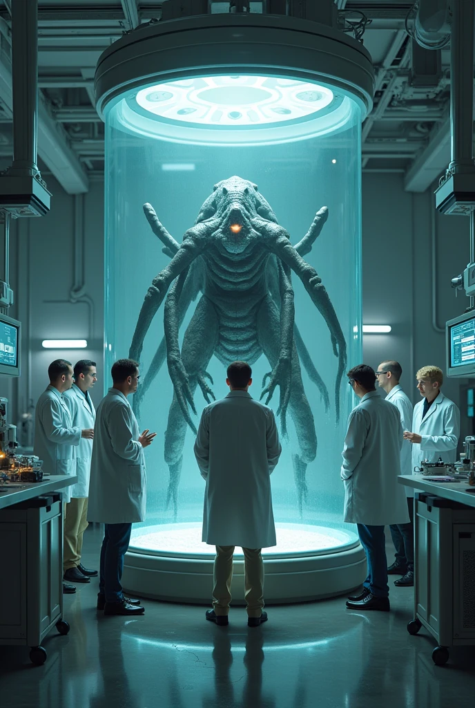 Several scientists seeing a rare large encapsulated creature as if it ...