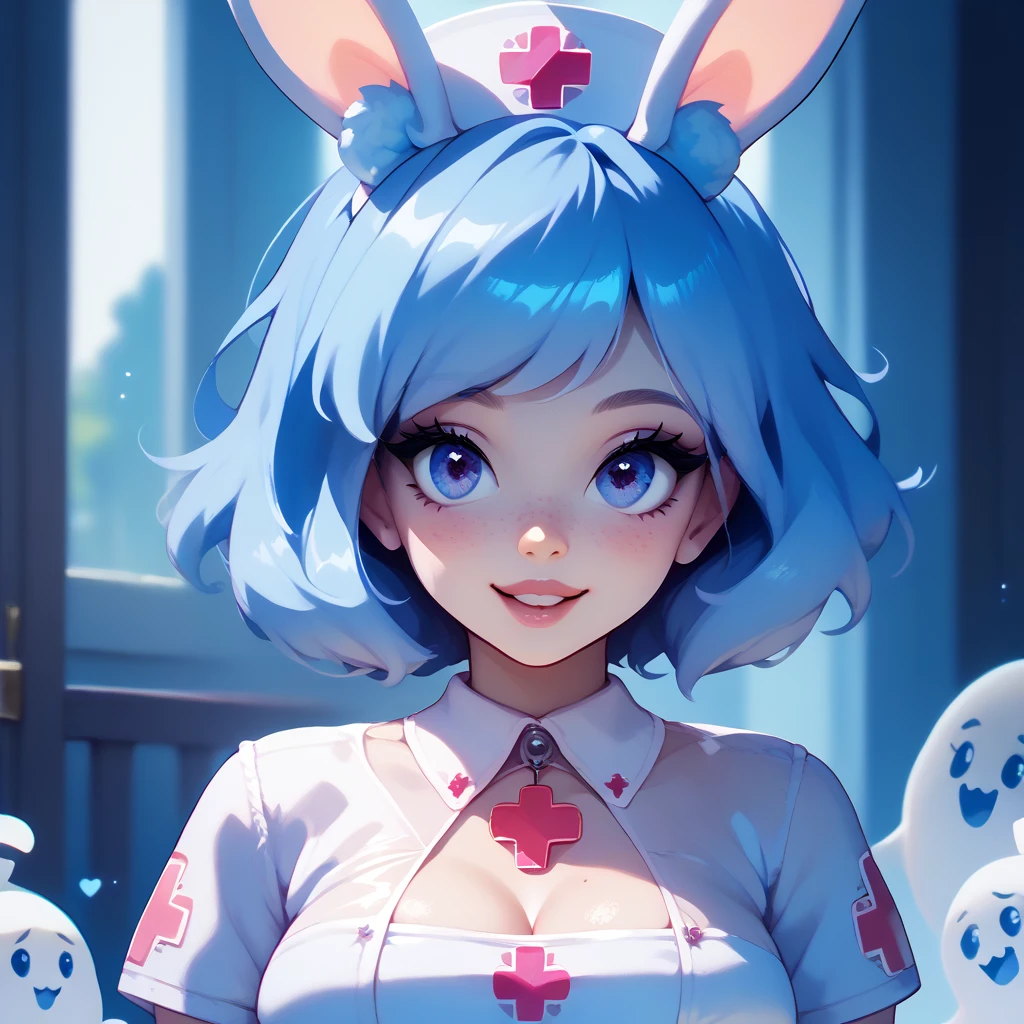 Cute girl in nurse costume, with bunny ears playing with ghosts in the ...