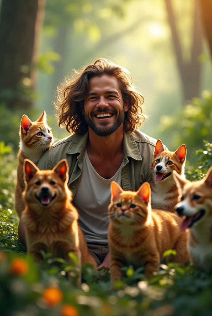 Handsome man, long hair, laughing, raising dogs, raising cats in the ...