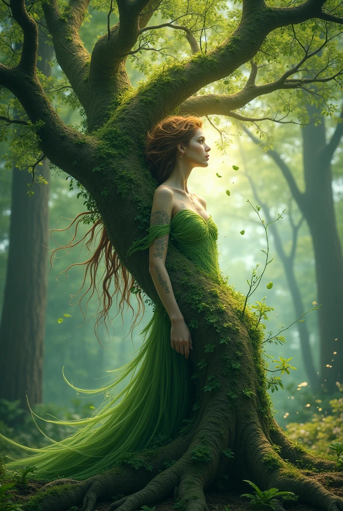 A Druid in an enchanted forest turning into a tree holding onto the ...