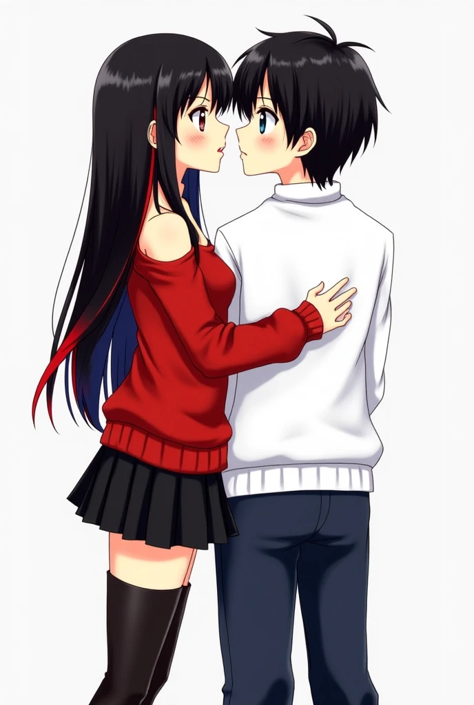 anime girl, long black hair with red highlights, red sweater uncovered ...