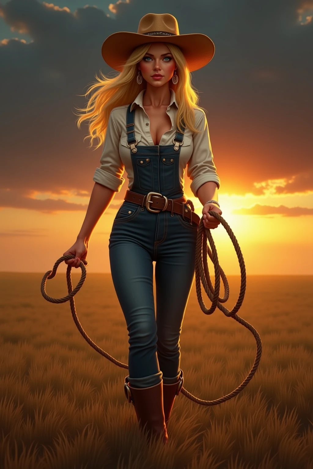 A Detailed Realistic Beautiful Blonde Cowgirl In Straw Hat Perfect