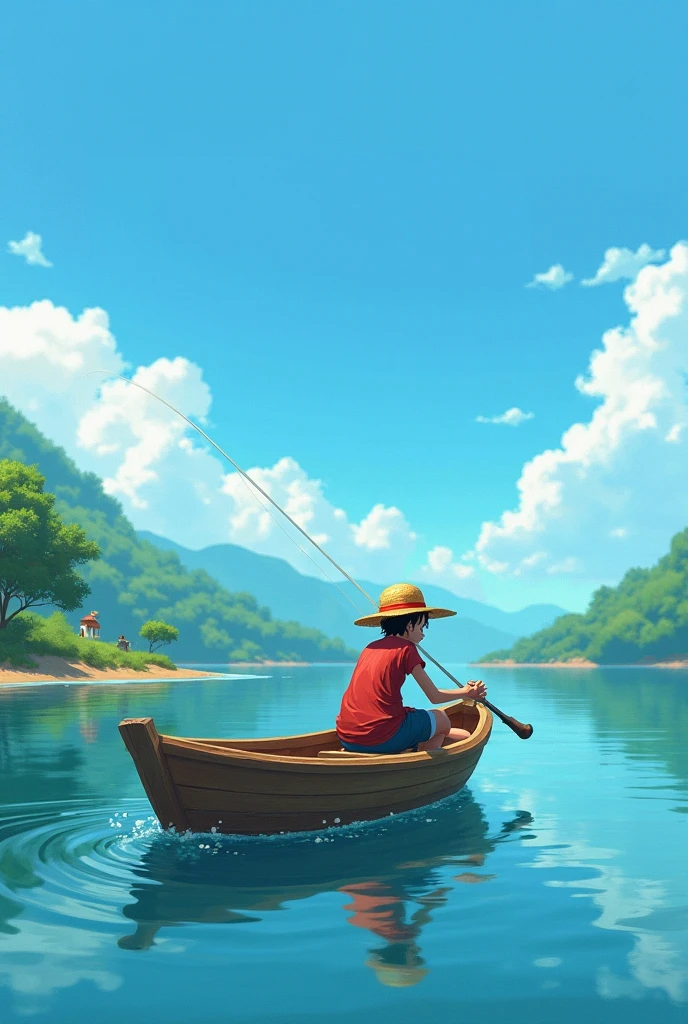 Luffy is fishing for carp on his boat - SeaArt AI