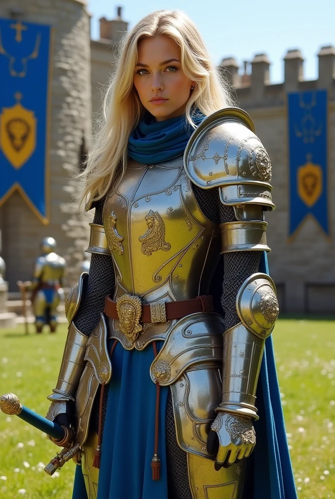 A female paladin wearing elaborate shiny gold, silver and blue lion ...