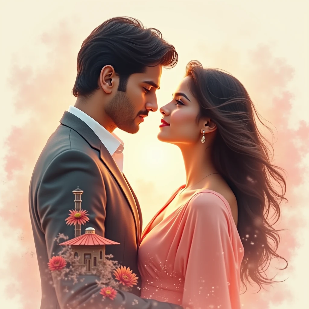 A romantic Bollywood movie poster featuring a double exposure effect - SeaArt AI