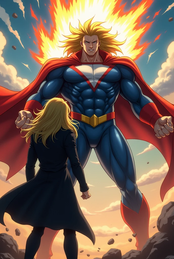 President Javier Milei and All Might fighting together - SeaArt AI