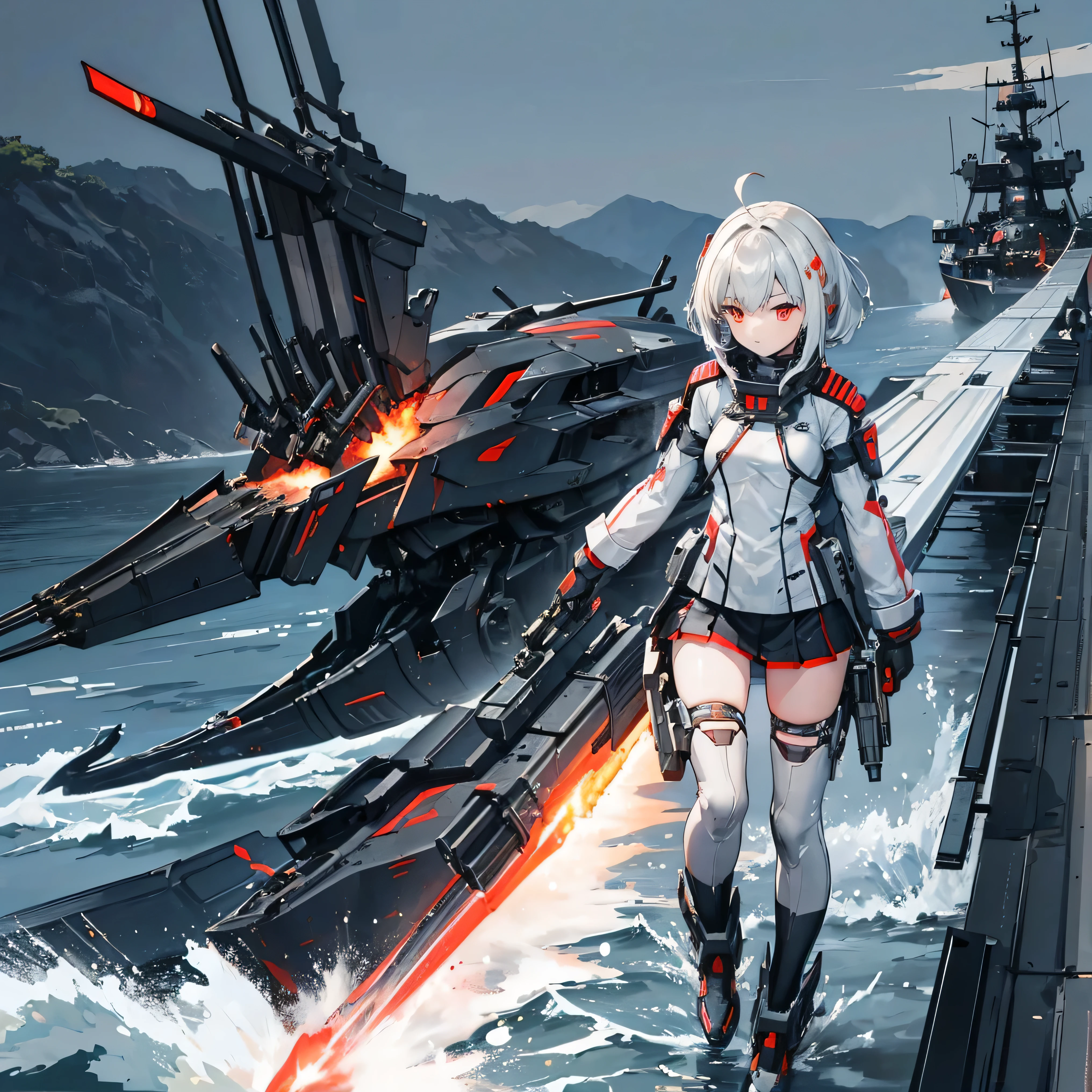 Anime girl with a gun and a gun in front of a ship - SeaArt AI
