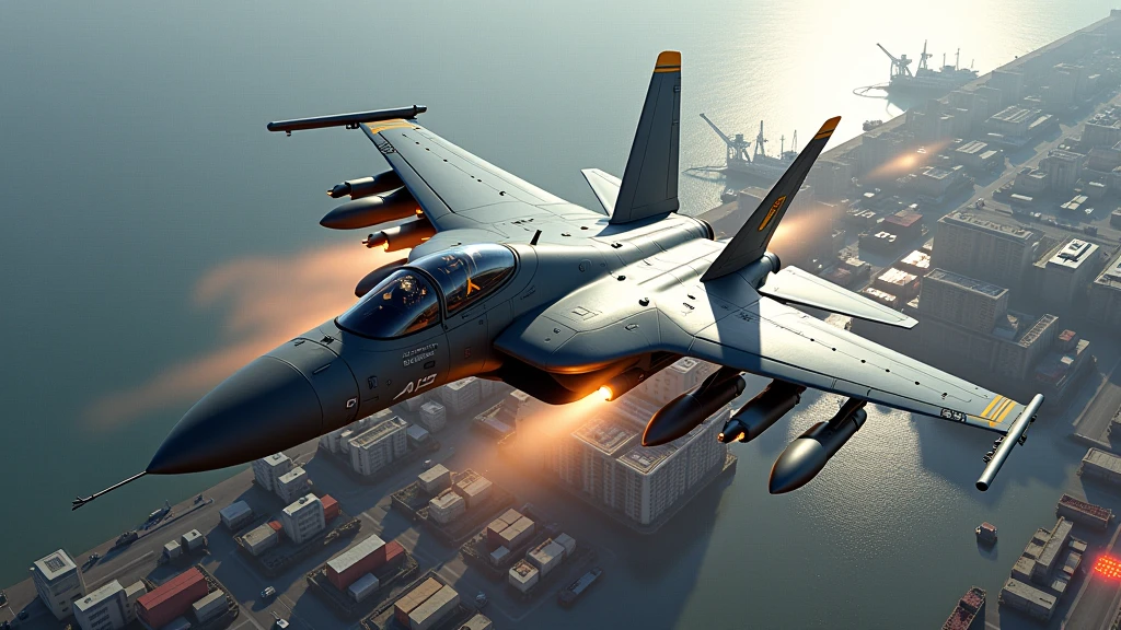 Ace combat fighter focuses on Vulcan over the harbor complex - SeaArt AI