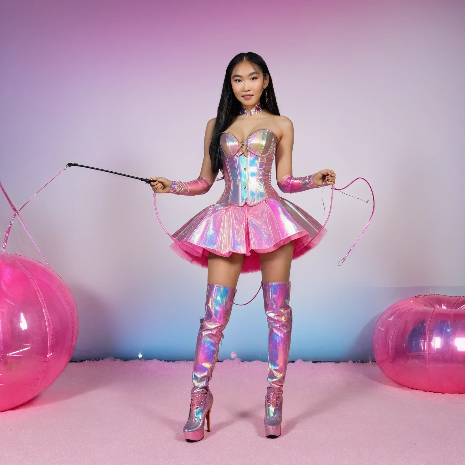 slim Asian woman , bouncy castle , Holographic pink hoop skirt - SeaArt AI