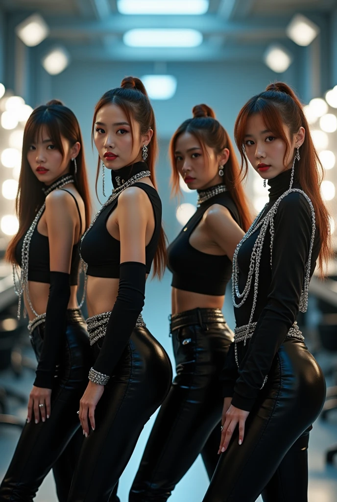 4 kpop idols wearing black outfits with silver chains and wearing ...