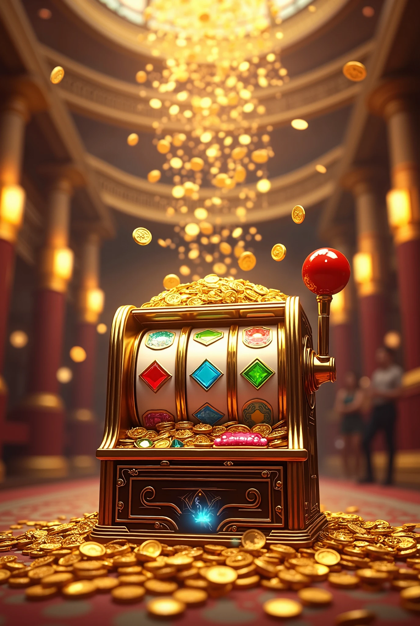 There is a golden slot machine with lots of coins on the floor - SeaArt AI