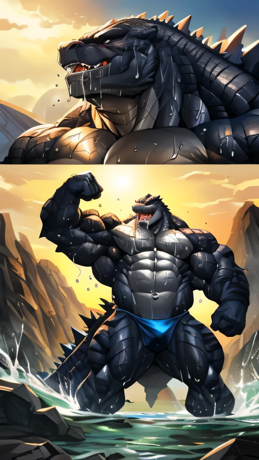 A close up of a cartoon of a giant godzilla in the water - SeaArt AI