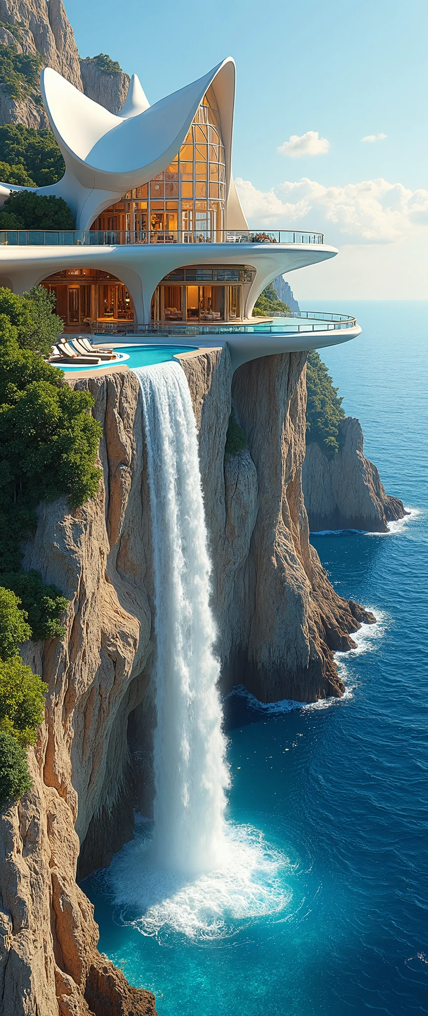 Arafed house on a cliff overlooking a waterfall and a cliff - SeaArt AI