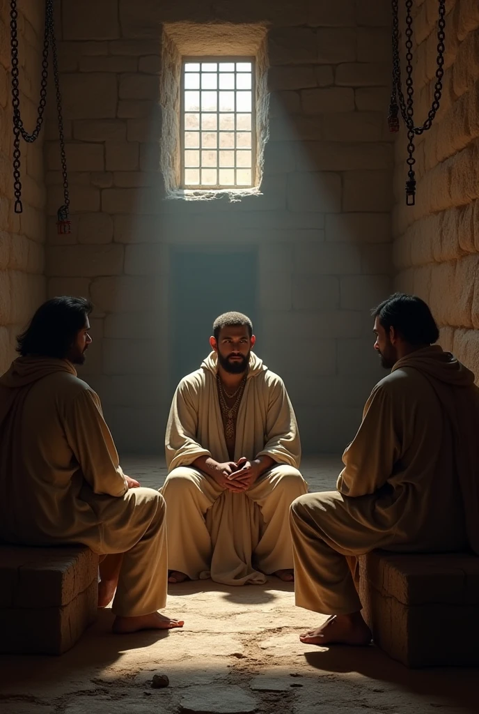 “Joseph sitting in a dark stone cell , with light coming through a ...