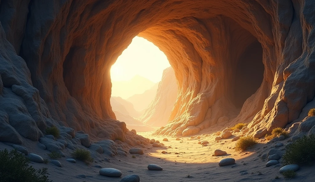 Illustrate the Cave of Hira nestled in the rugged mountains - SeaArt AI