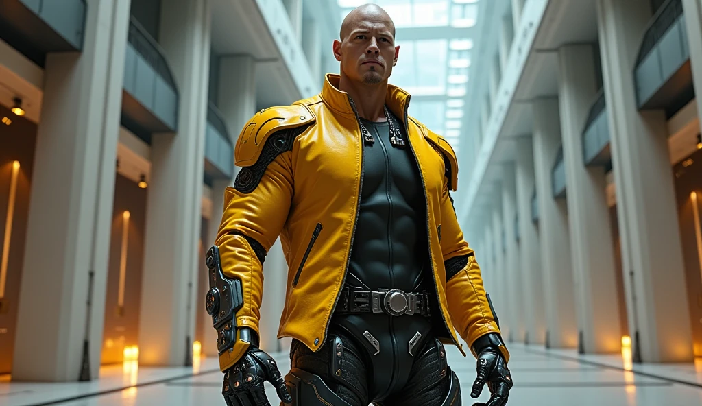 Create the model of a hero, feature an imposing muscular cyborg costume ...