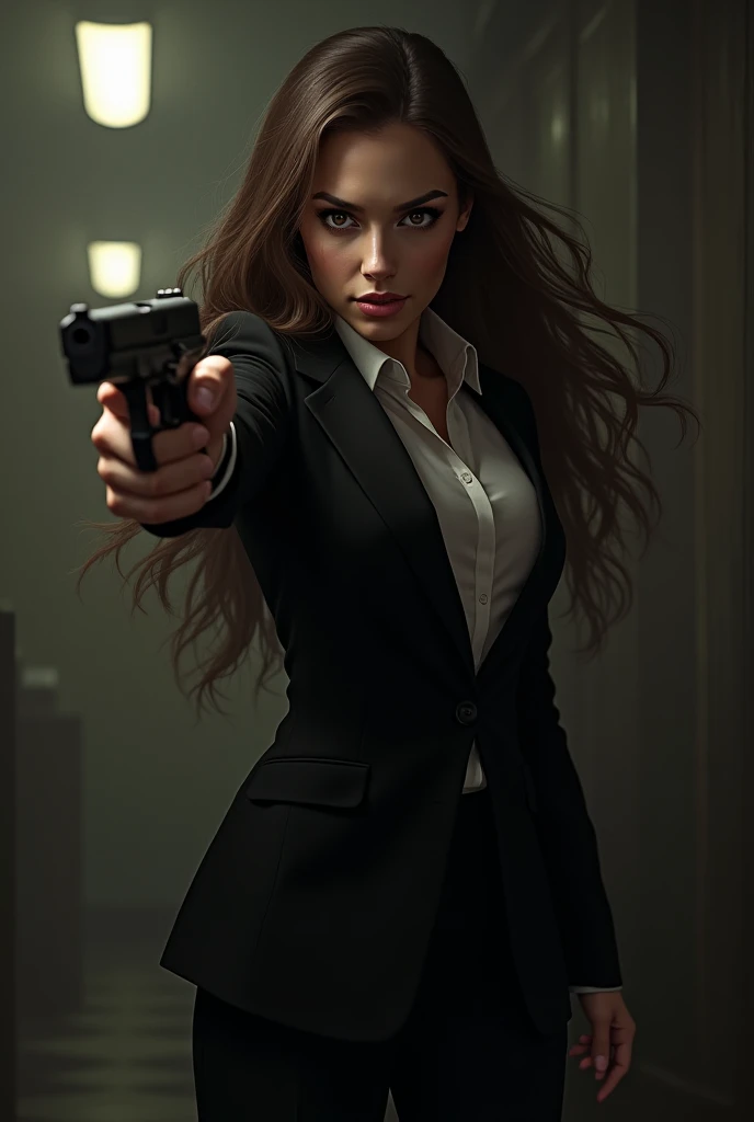 A manly girl with brown hair, long hair and black eyes, wearing a black ...