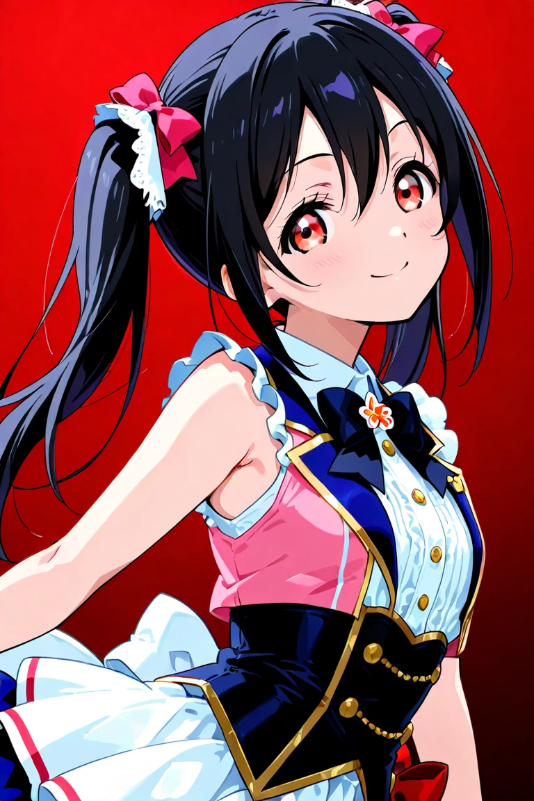 Yazawa Nico、 black hair、( red eyes:1.3)、 twin tails、 idol costume ...