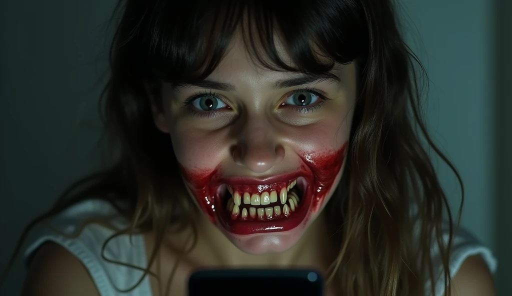 "A girl with long, sharp teeth , staring intently at a cell phone ...
