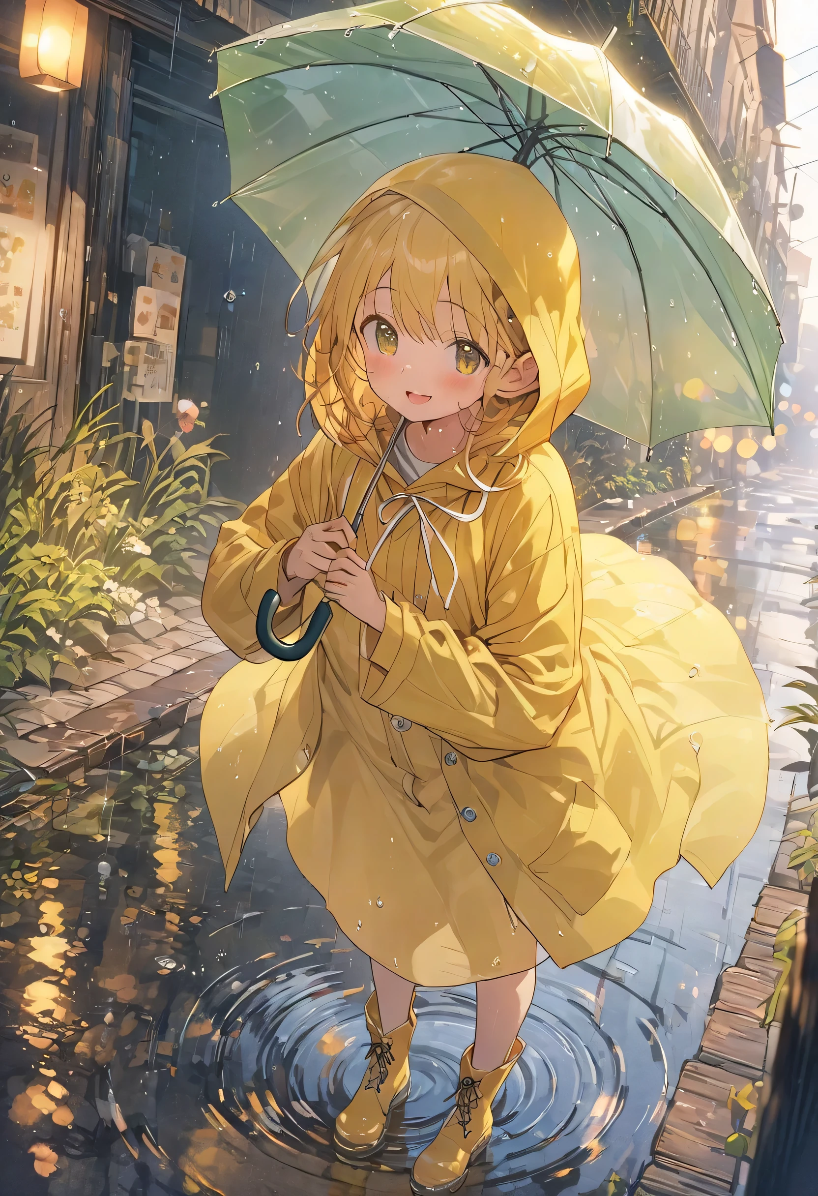 Anime girl in yellow raincoat holding umbrella in puddle of water ...