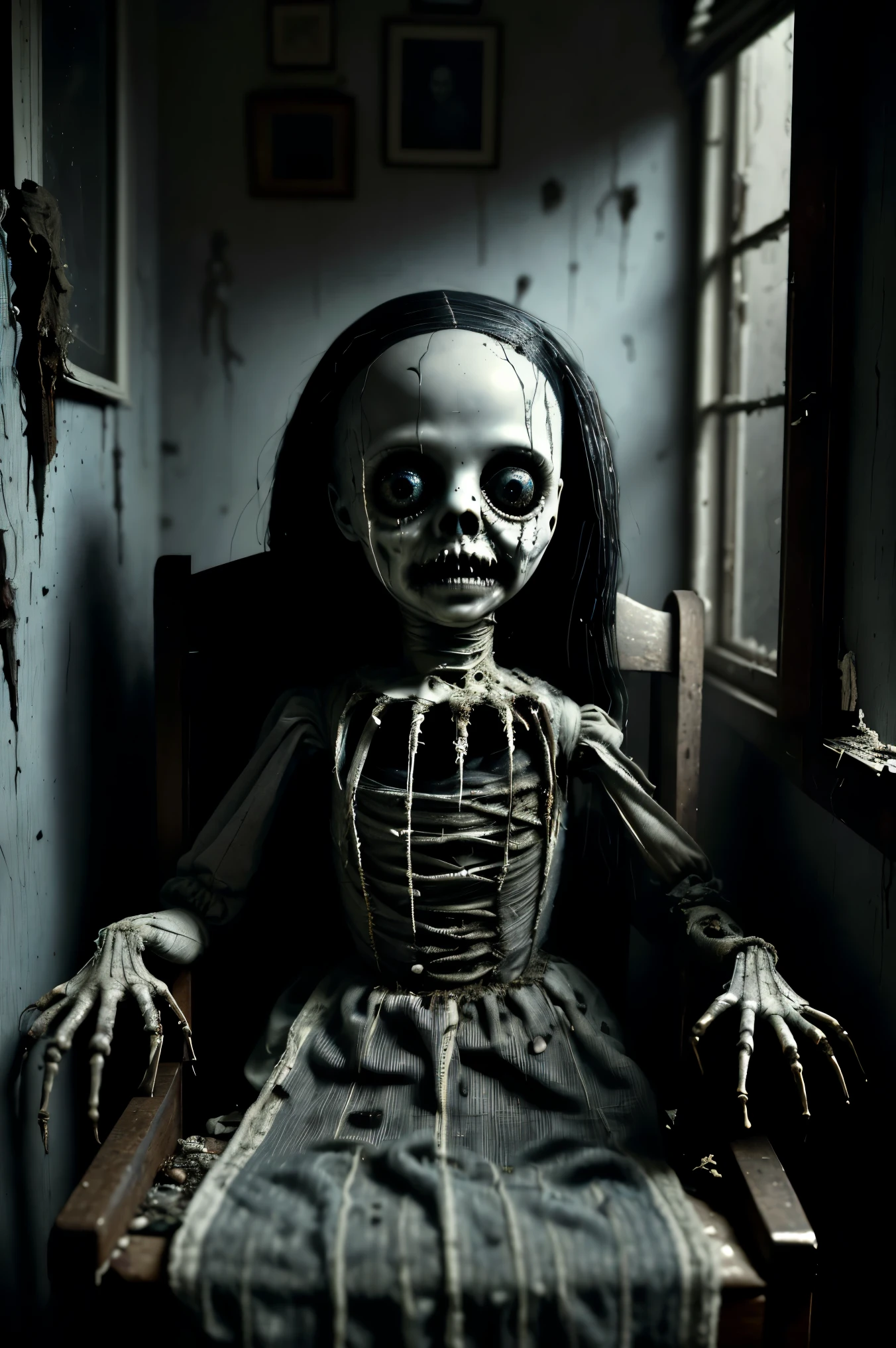 Arafed doll sitting in a chair in a room with a window - SeaArt AI