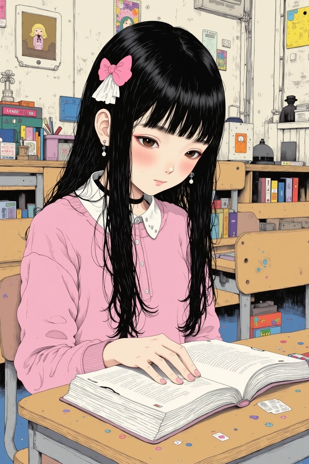 anime girl reading a textbook in a Japanese elementary school classroom ...