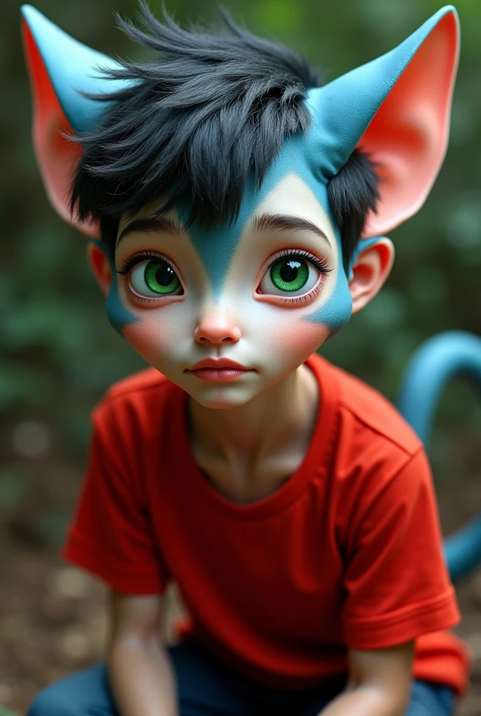 A boy, Lobo, anthropomorphic, red blouse, green eyes , bluish ears ...
