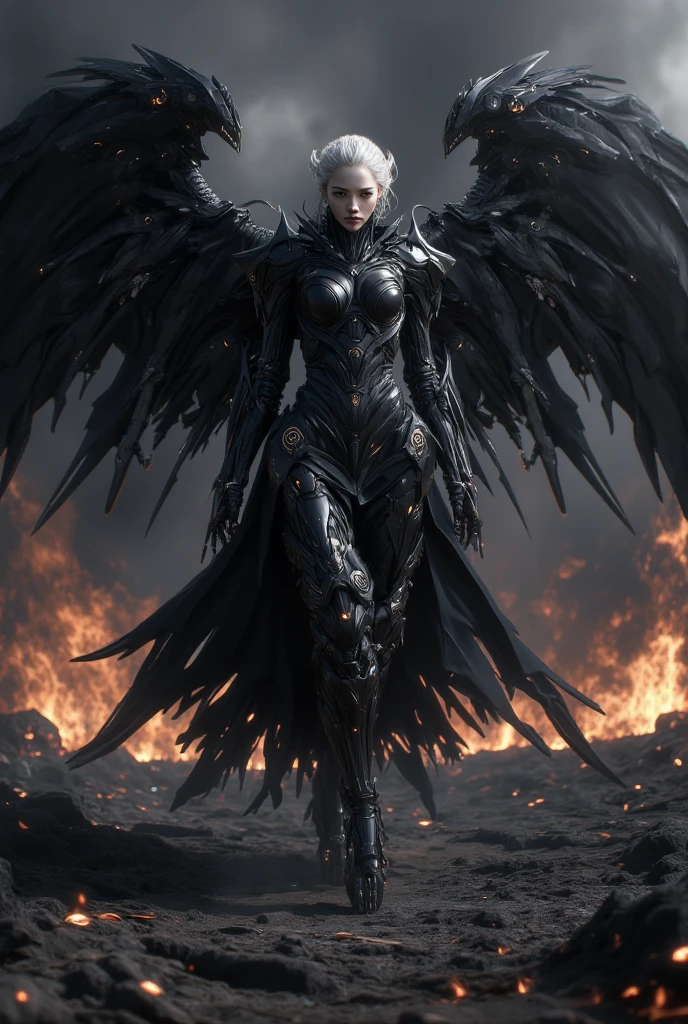 Dark, beautiful and sexy female angel , wearing heavy armor, dynamic poses and a - SeaArt AI