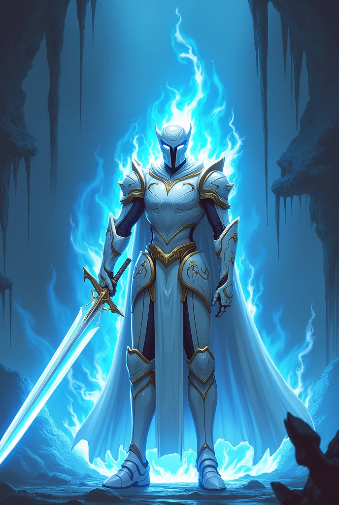 a knight with a blue sword and gold with white armor, style of duelyst ...