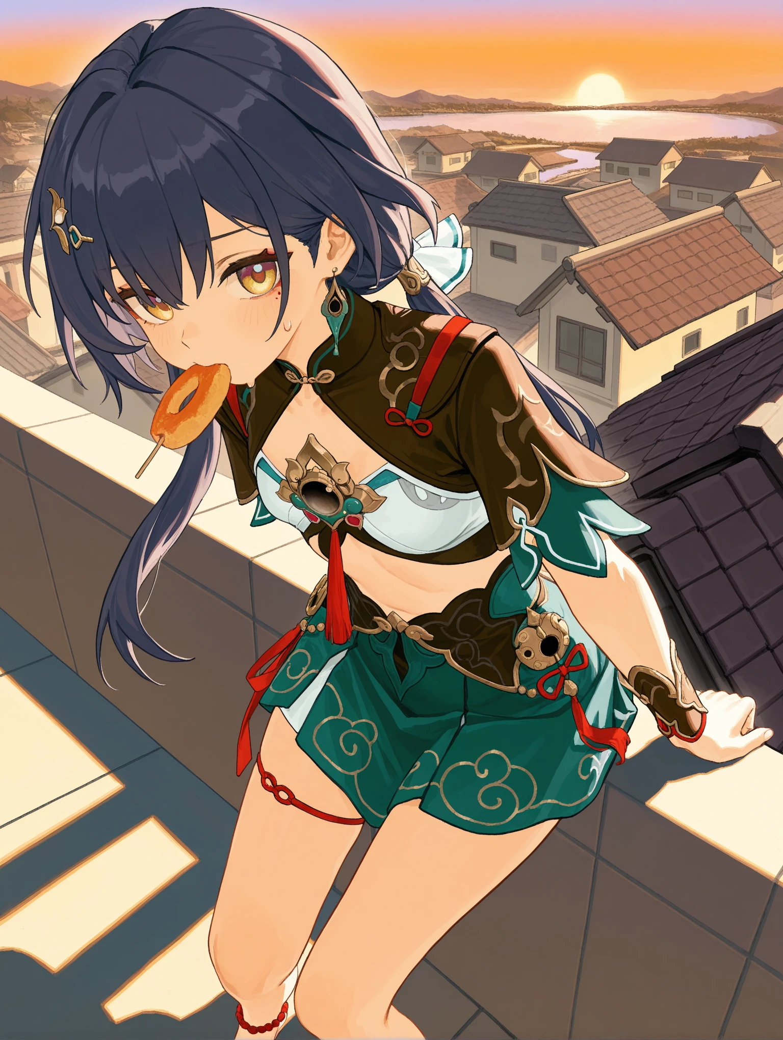 Yunli \(honkai: star rail\),1girl,solo, small breasts, deep blue hair ...