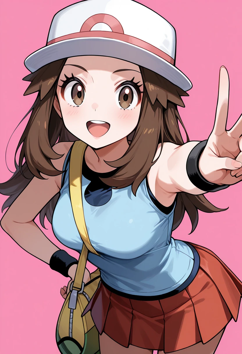 1girl, leaf (pokemon), brown hair, long hair, brown eyes, open mouth ...