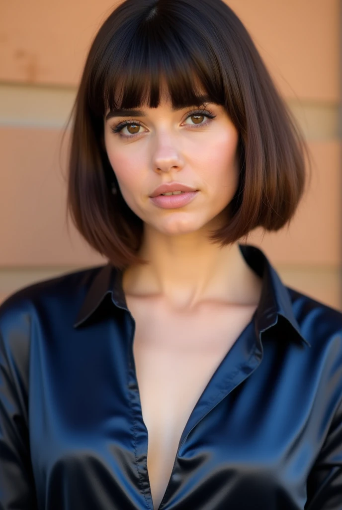Close-up portrait of a woman. The woman has a bob haircut with bangs ...