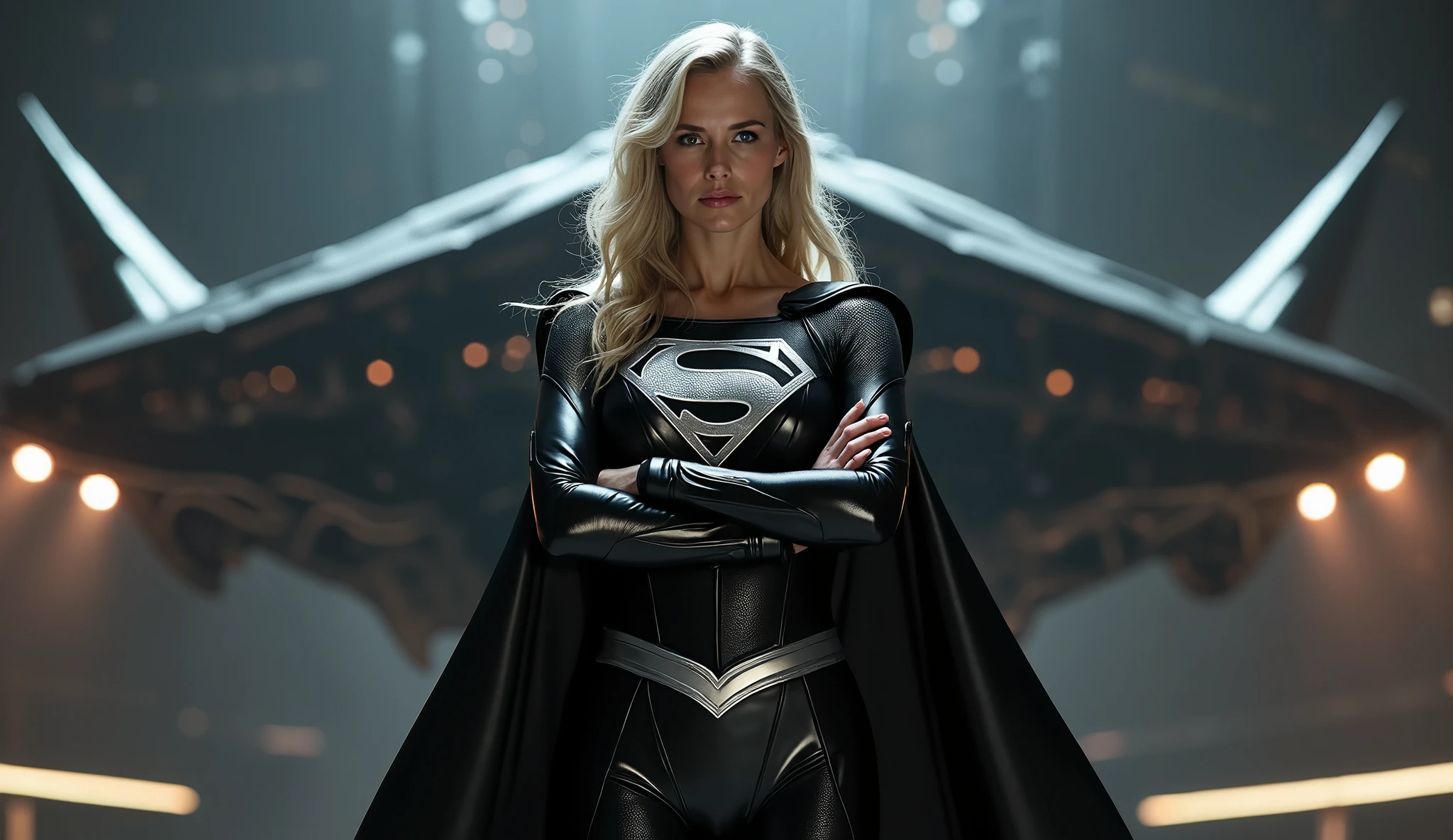 Araffe woman in a black superhero suit standing in front of a spaceship ...