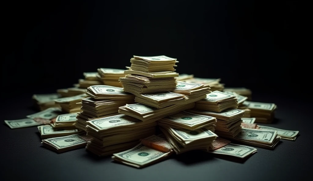 8k. 4k. "A large stack of money, with bills and coins neatly arranged ...