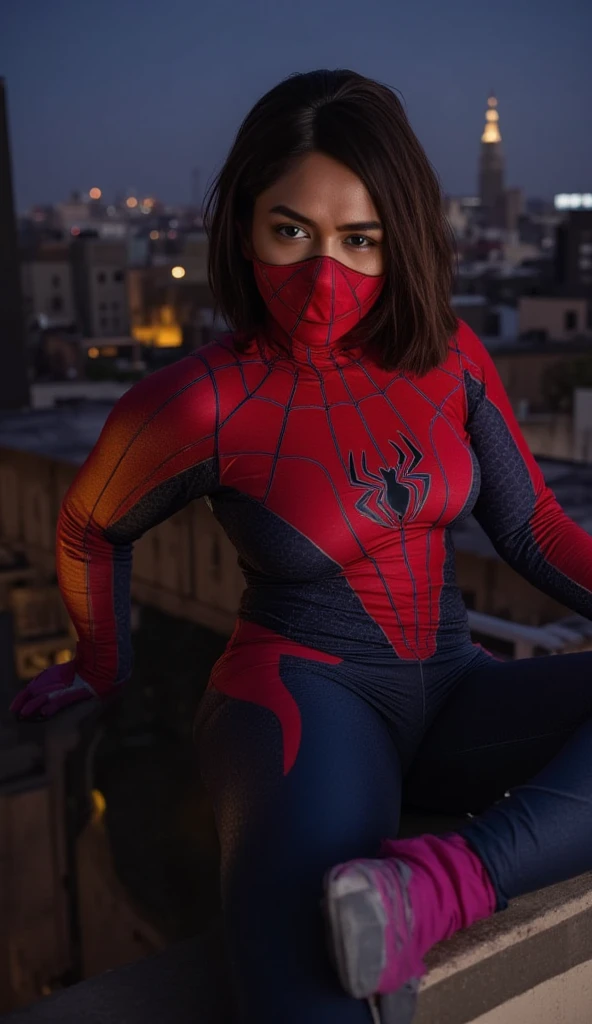A woman in a Spider-Man costume sits casually on the edge of a rooftop ...