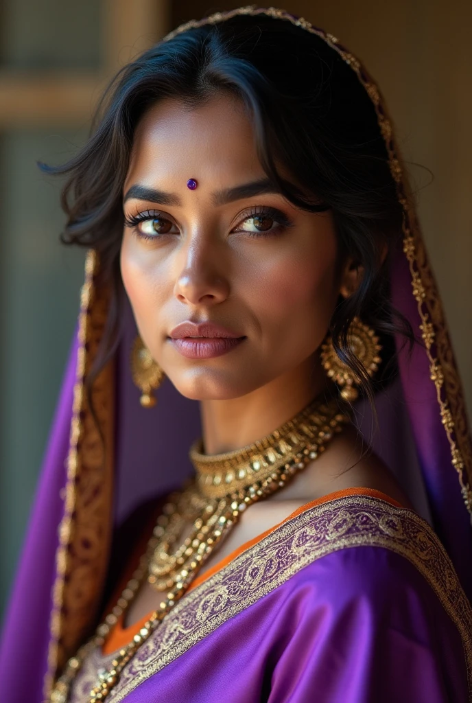 A close up of a woman in a purple sari posing for a picture, a ...