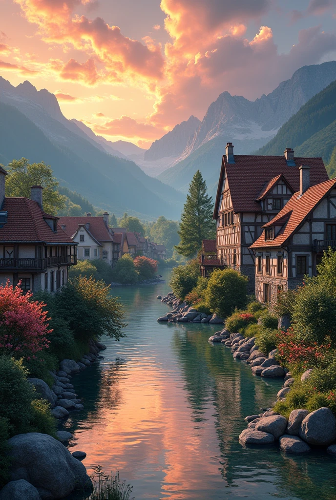 A small village by the river, mountains in the background, floral ...