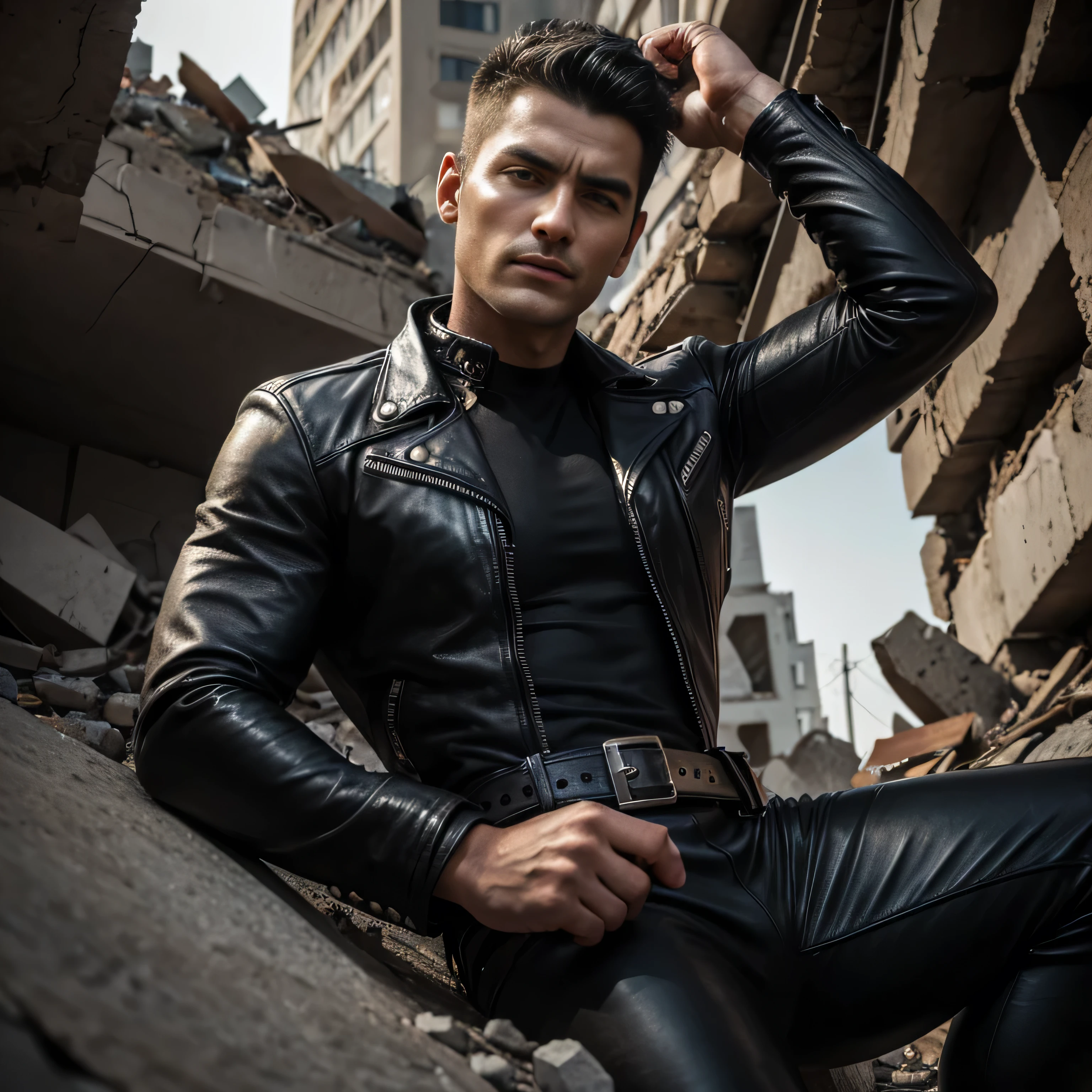 Araffe man in leather jacket sitting on a pile of rubble - SeaArt AI