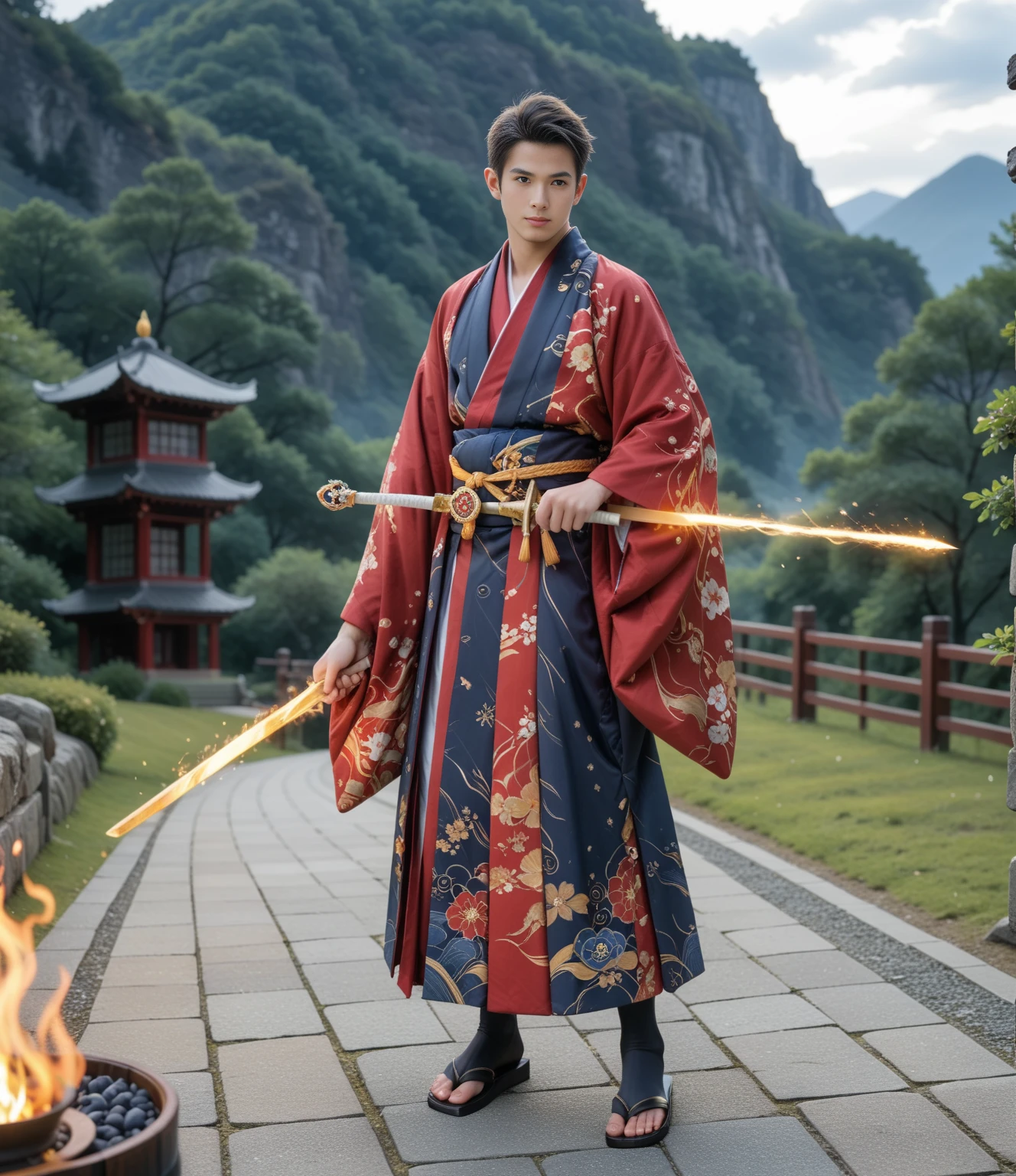 A young Japanese man stands in a dramatic pose, wearing a traditional ...